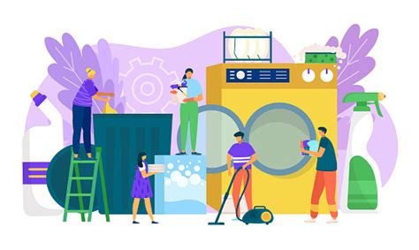 평평한 세탁기 청소 서비스 벡터 일러스트 근처 사람들 캐릭터 깨끗한 세탁 디자인 배너에서 만화 남자 여자 가사 집안일에 대한 스톡 벡터 아트 및 기타 이미지 Istock