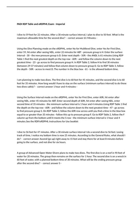 PADI RDP Table And ERDPML Exam Imperial Questions And 100 Correct Answers PADI RDP Table