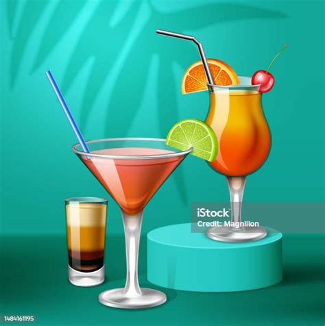 신선한 여름 코스모폴리탄과 데킬라 일출 칵테일 야자수 잎 그림자가 있는 청록색 배경 0명에 대한 스톡 벡터 아트 및 기타 이미지 0명 각얼음 감귤류 과일 Istock