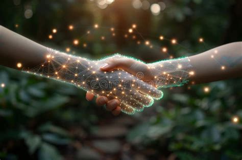 Human Hand Shaking Robot Hand Symbolizing Collaboration Between Humans And Advanced Ai
