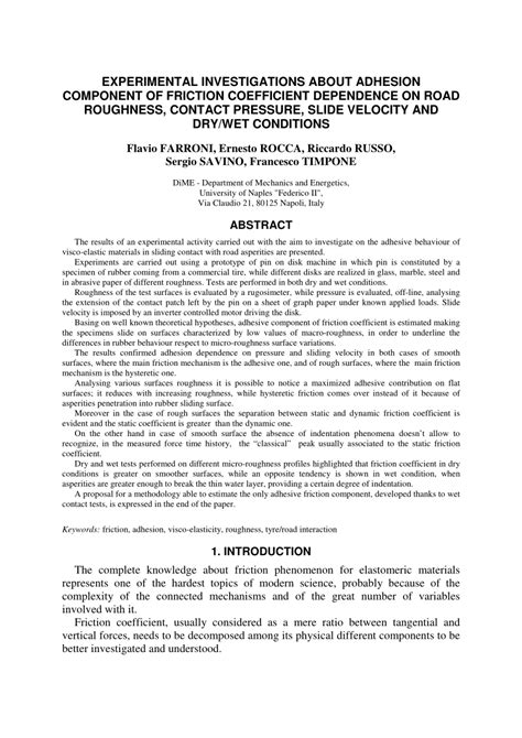Pdf Experimental Investigations About Adhesion Component Of Friction Coefficient Dependence On