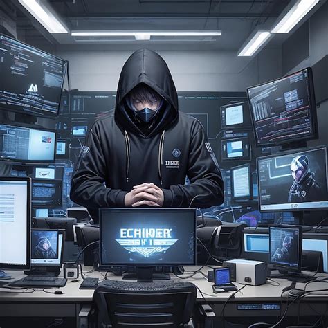 Mysterious Hacker In Dark Hoodie Working On System Breaches In A Dimly Lit Room Premium Ai