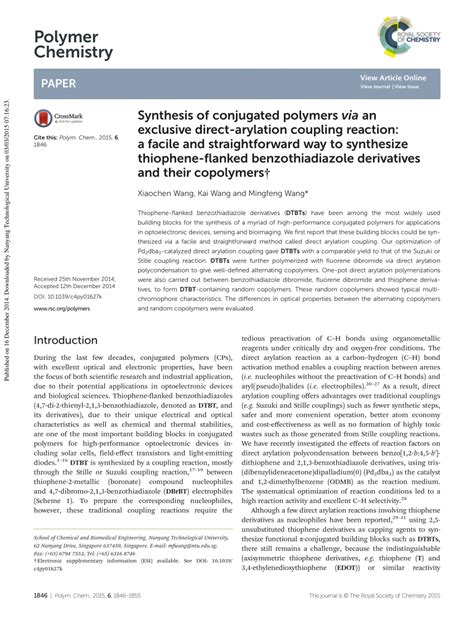 Pdf Synthesis Of Conjugated Polymers Via Exclusive Direct Arylation Coupling Reaction A