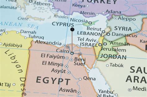 Macro Photo Of Cairo City With A Black Pin Needle Into Egypt Map Stock