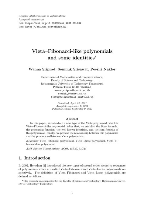 Pdf Vieta Fibonacci Like Polynomials And Some Identities