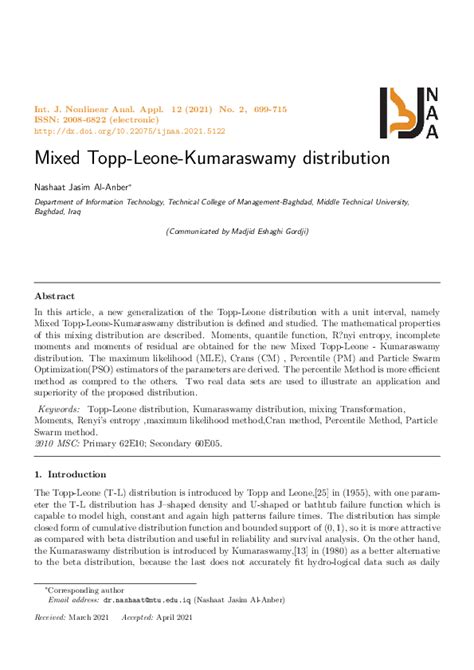 Pdf Mixed Topp Leone Kumaraswamy Distribution