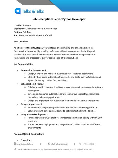 Job Descriptionsenior Python Developer Pdf Automation Selenium
