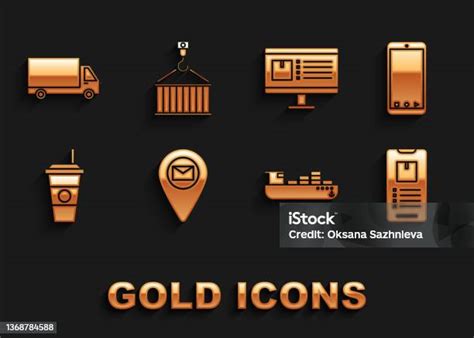 지도 용지에 자리 표시자 설정 앱 배달 추적휴대전화 화물선 상자 서비스 커피컵 컴퓨터 모니터 배달화물 트럭 차량 및 컨테이너 크레인 아이콘 벡터 Brand Name