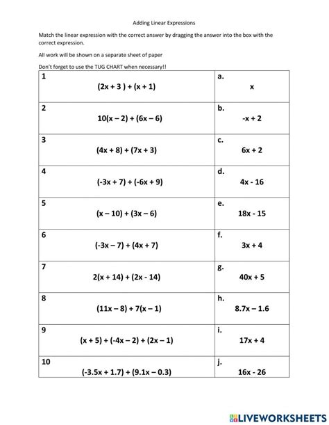 Adding Linear Expressions Matching Worksheet Live Worksheets