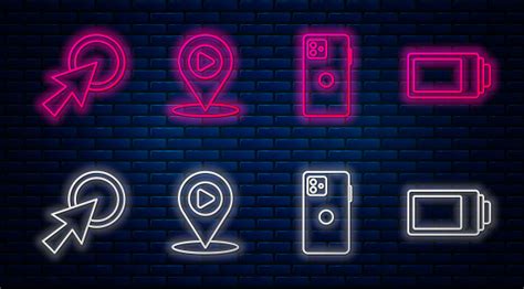 위치 스마트 폰 휴대 전화 화살표 커서 및 배터리 충전 수준 표시기와 라인 디지털 미디어 플레이를 설정합니다 벽돌 벽에 빛나는 네온 아이콘입니다 벡터 0명에 대한 스톡 벡터