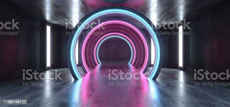 미래 네온 조명 공상 과학 소설 빛나는 보라색 파란색 가상 활기찬 지하 차고 터널 터널 복도 그런지 콘크리트 반사 어두운 빈 원 모양 3d 렌더링 문에 대한 스톡 사진 및