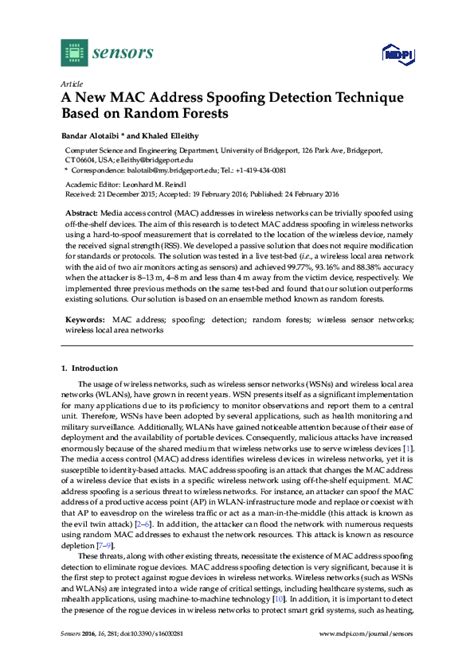 Pdf A New Mac Address Spoofing Detection Technique Based On Random Forests