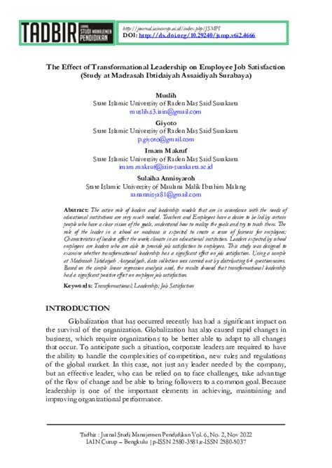 Pdf The Effect Of Transformational Leadership On Employee Job