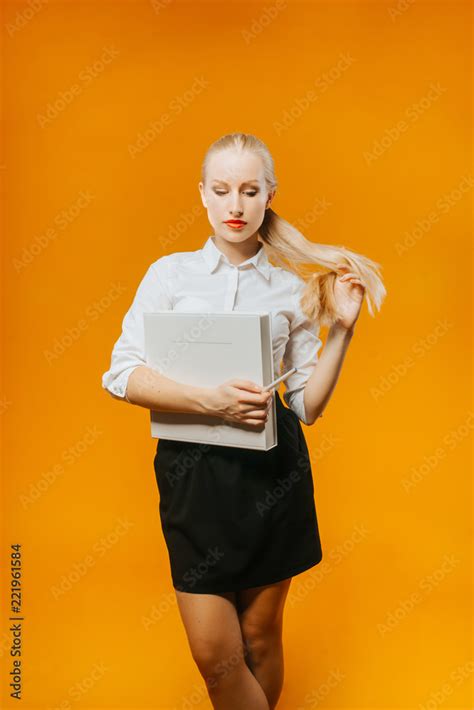 Business Woman Woman Teacher With Long Blonde Hair Copy Space Girl
