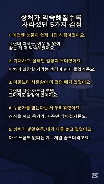 상처가 익숙해질수록 사라졌던 5가지 감정 명언 감성 공감글귀 좋은글 Youtube