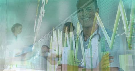 Animation Of Financial Data And Graphs Over Happy Biracial Male Doctor