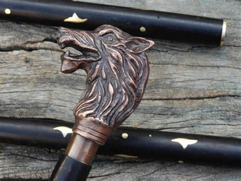 Wooden Walking Stick Dragon Head Handle Antique Style Gem