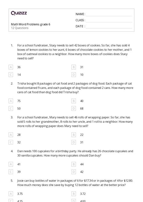 50 Math Word Problems Worksheets For 6th Grade On Quizizz Free And Printable