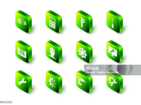 계산기 캘리퍼 캘리퍼 및 스케일 드라이버 렌치 스패너가 있는 위치 렌치 기어 기어 화살표를 워크플로로 설정 전기 드릴 머신 및 알고리즘 아이콘을 설정합니다 벡터 3차원