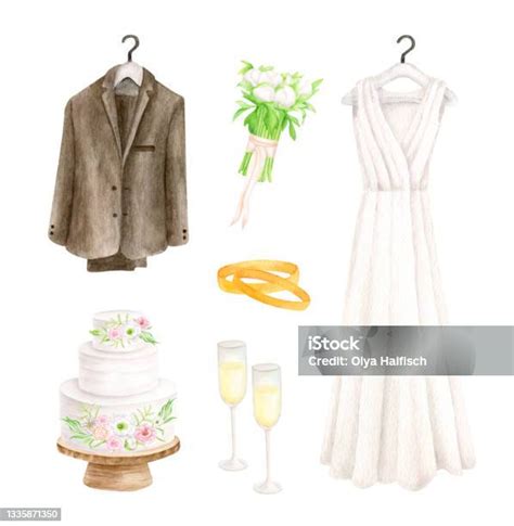 수채화 웨딩 세트 손으로 그린 흰색 웨딩 드레스 신랑 정장 샴페인 안경 신부 꽃다발 꽃과 흰색에 고립 된 금 반지와 계층 케이크