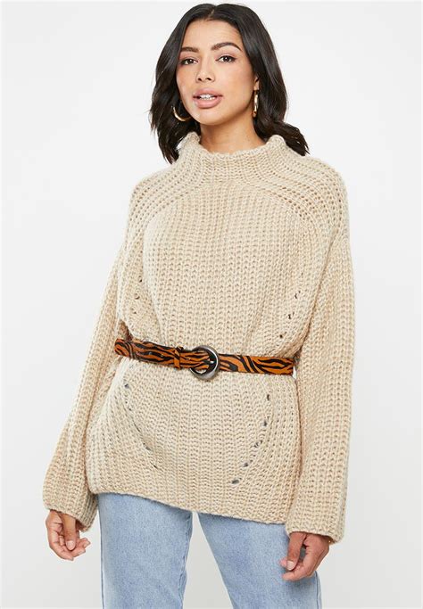 Chunky Grown On Neck Jumper Cream Missguided Knitwear