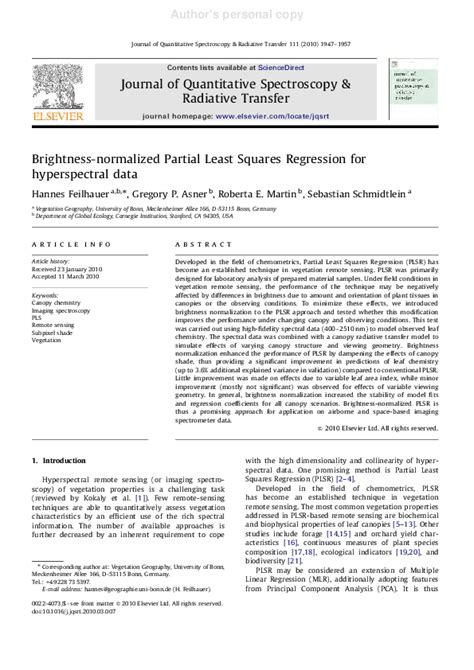 Pdf Brightness Normalized Partial Least Squares Regression For Hyperspectral Data