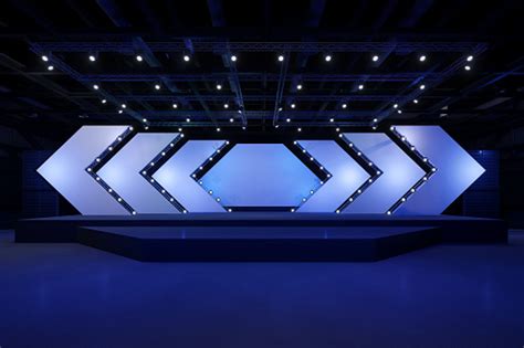 모형 및 기업 아이덴티티를 위한 빈 스테이지 디자인 Hall의 Displayplatform 요소 그래픽 리소스장면 이벤트에 대한 빈 화면 시스템은 야간 조명 스테이징3d