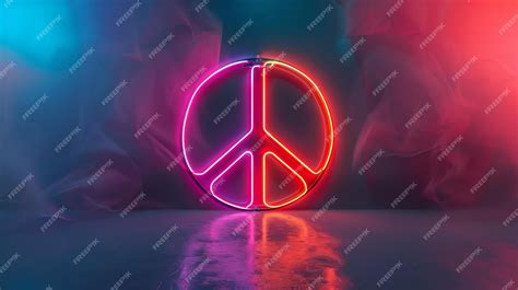 A Neon Peace Sign With A Blurred Pink And Blue Background Premium Ai
