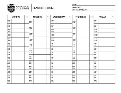Free Printable Class Schedule Templates Excel Word Pdf College