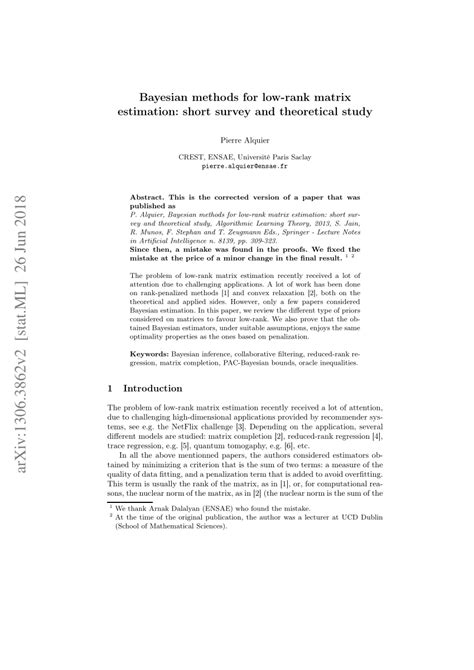 Pdf Bayesian Methods For Low Rank Matrix Estimation Short Survey And