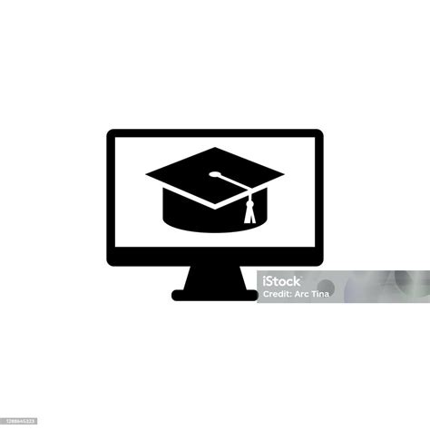 컴퓨터 모니터 및 졸업 한도 온라인 학습 플랫 벡터 아이콘 그림입니다 흰색 배경에 간단한 검은 기호 웹 및 모바일 Ui 요소에 대한 Pc 사인 디자인 템플릿에서 온라인 E