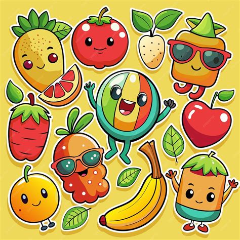 귀여운 만화 과일과 채소 프리미엄 Ai 생성 벡터
