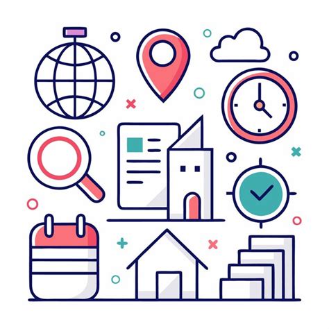 Colorful Line Icons Of A Calendar House Clock Building Magnifying Glass Globe Check Mark