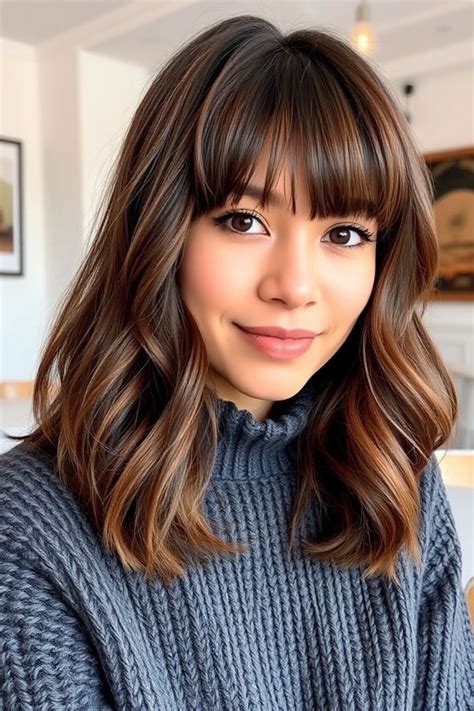 50 Chic Shoulder Length Haircuts With Bangs Rich Chocolate Long Bob