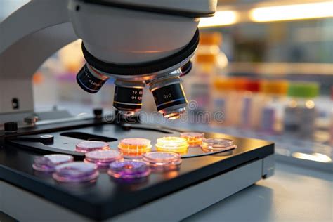 Scientist Examining Specimen Under Microscope In Laboratory Stock