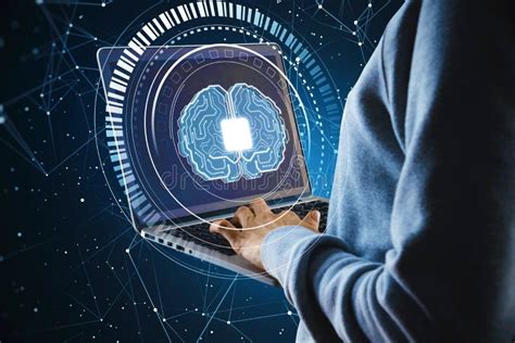 Close Up Of Hacker Hands Using Laptop With Glowing Polygonal Chip And