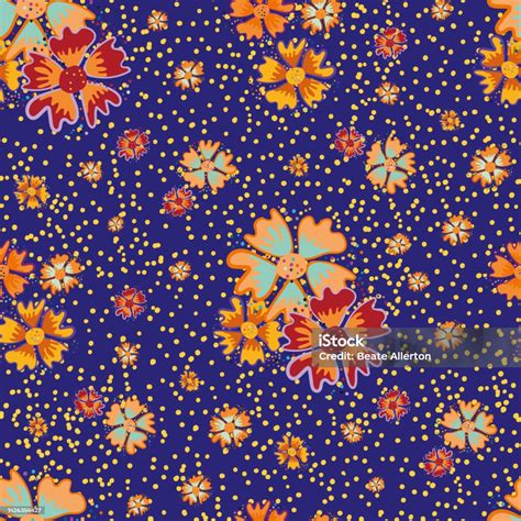 추상 열대 꽃 벡터 원활한 패턴 배경 손으로 그린 초현실적 인 네온 오렌지 인디고 꽃이 물방울 도트 색종이 배경에 있습니다 정글 꽃 디자인 식물 열대 우림 꽃 반복