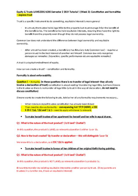 Equity And Trusts Tut 1 Tutorial Question And Answer Response Practice Material Equity