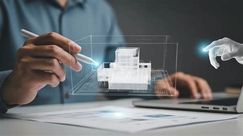 Architect S Hand With Stylus Designing Futuristic Building Model On