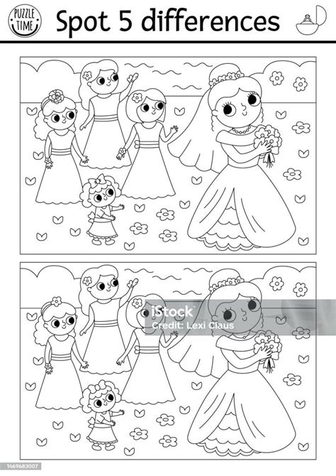 아이들을위한 차이점 찾기 게임 귀여운 유부녀와 함께하는 결혼식 흑백 활동 신부가 신부 들러리에게 꽃다발을 던지는 아이들을 위한