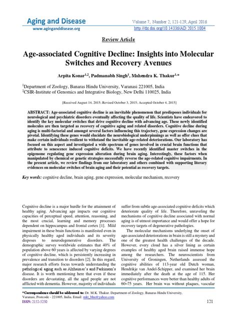 Age Associated Cognitive Decline Insights Into Molecular Switches And Recovery Avenues Pdf