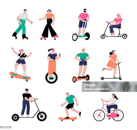 플랫 만화 사람들은 스쿠터와 자전거 스케이트 보드와 롤러를 탄다 여름 야외 산책 캐릭터 젊은 남자와 여자 벡터 세트 거리에 대한 스톡 벡터 아트 및 기타 이미지 Istock