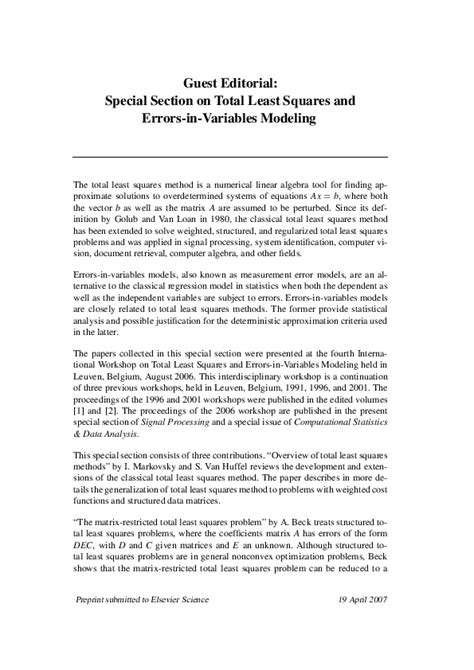 Pdf Total Least Squares And Errors In Variables Modeling