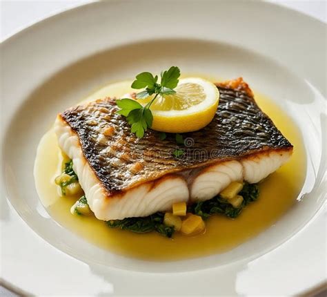 Perfectly Cooked Fish Fillet With Crispy Skin Lemon And Greens On A
