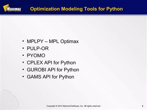 Maximal Comparison Of Optimization Modeling Software For Python Oct 2012 Ppt