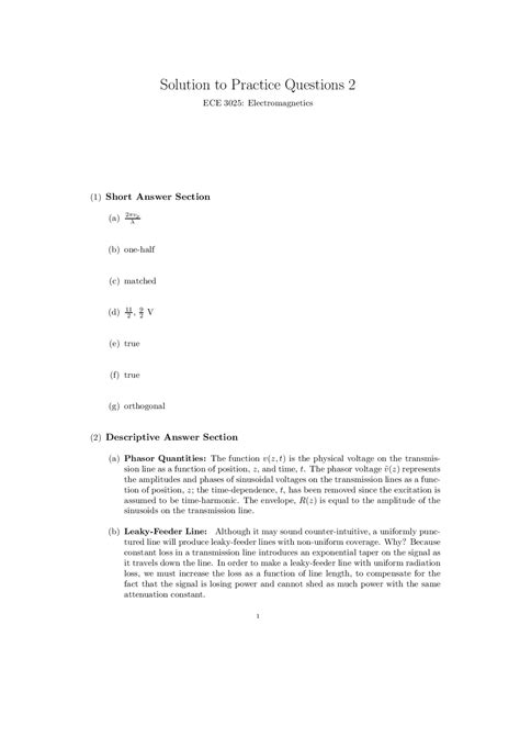 Solution To Practice Questions 2 On Electromagnetics Ece 3025 Docsity
