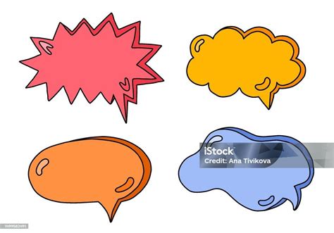 손으로 그린 말풍선이 설정되었습니다 다양한 모양의 빈 온라인 채팅 클라우드 타원형 원형 정사각형 구름 텍스트 대화 문구 정보에 대한 하트 모양의 거품 다채로운 격리 낙서