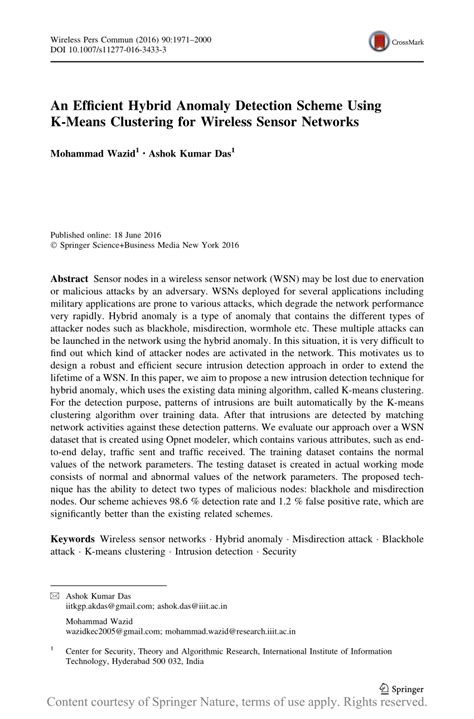 An Efficient Hybrid Anomaly Detection Scheme Using K Means Clustering For Wireless Sensor