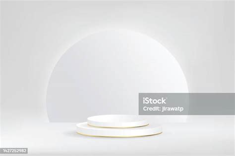 흰색 회색 및 금색의 기하학적 받침대 연단과 빛나는 세미 서클 배경 연단 추상적 배경 기하학적 모양흰색 색상 장면 최소 3d 렌더링 기하학적 배경이 있는 장면입니다 흰색에