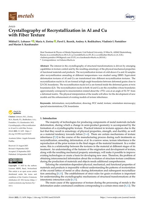 Pdf Crystallography Of Recrystallization In Al And Cu With Fiber Texture
